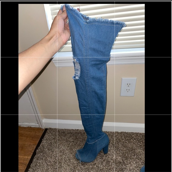 Shoes | Distressed Denim Thigh High Boots Open Toe | Poshmark